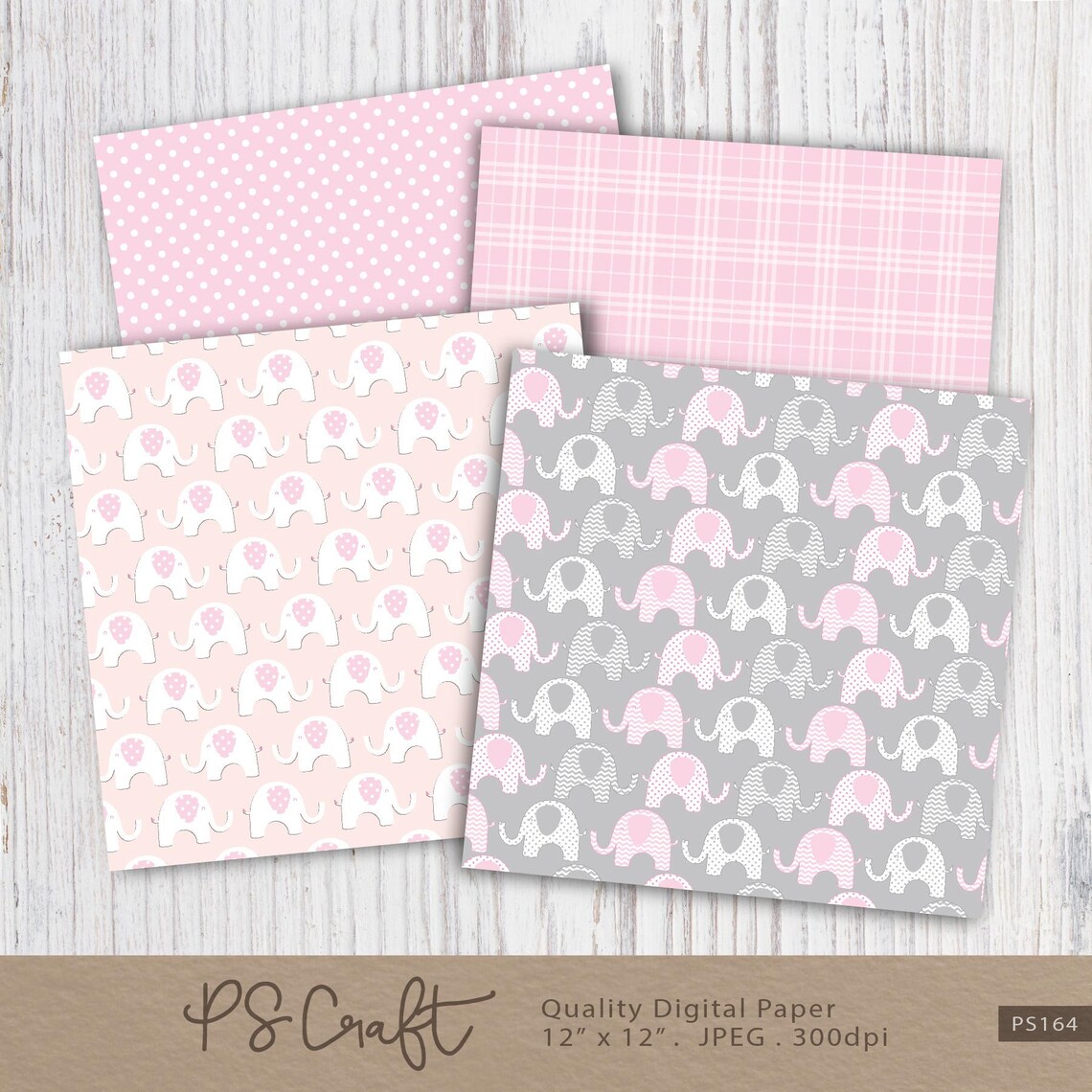 Elephant Digital Papers SEAMLESS baby Pink & Gray | Etsy