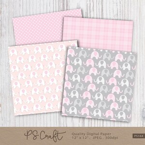 Elephant Digital Papers, SEAMLESS "baby Pink & Gray" Elephant ...