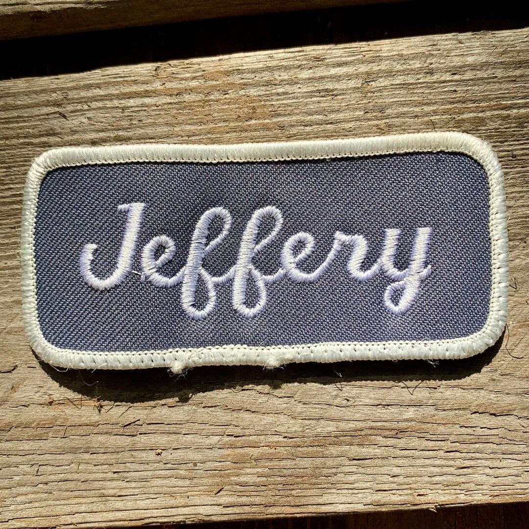 Jeffery. A Gray Work Shirt Name Patch That Says jeffery in White Script ...