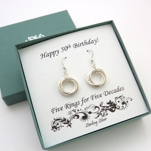 50th Birthday Gift, 5 Ring Earrings, Sterling Silver Earrings, Love ...