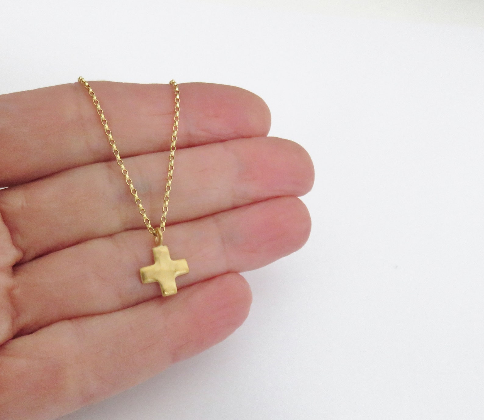Gold Cross Necklace, Tiny Gold Cross, Small Gold Cross, Hammered Gold ...