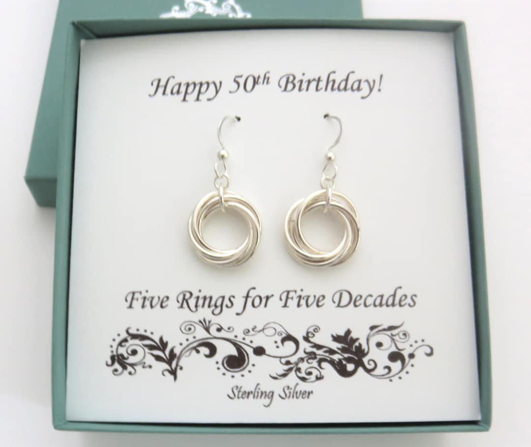 50th Birthday Women, 5 Ring Earrings, Sterling Silver Earrings, 50th ...