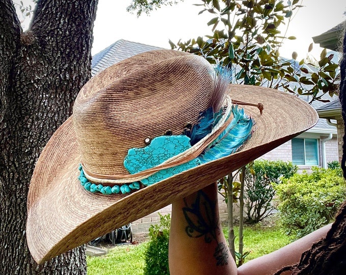 Straw Vintage Authentic Style Cowboy Hat Turquoise Stone and Leather ...