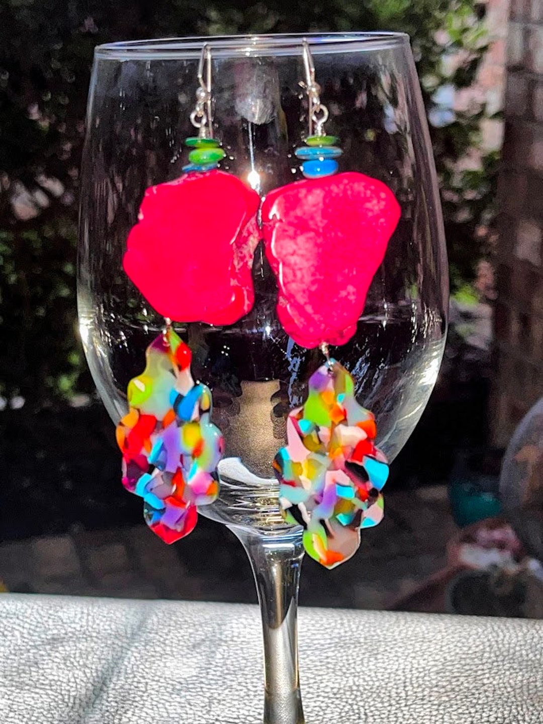 Fuschia Stone and Multi-colored Tortoise Shell Earrings - Etsy