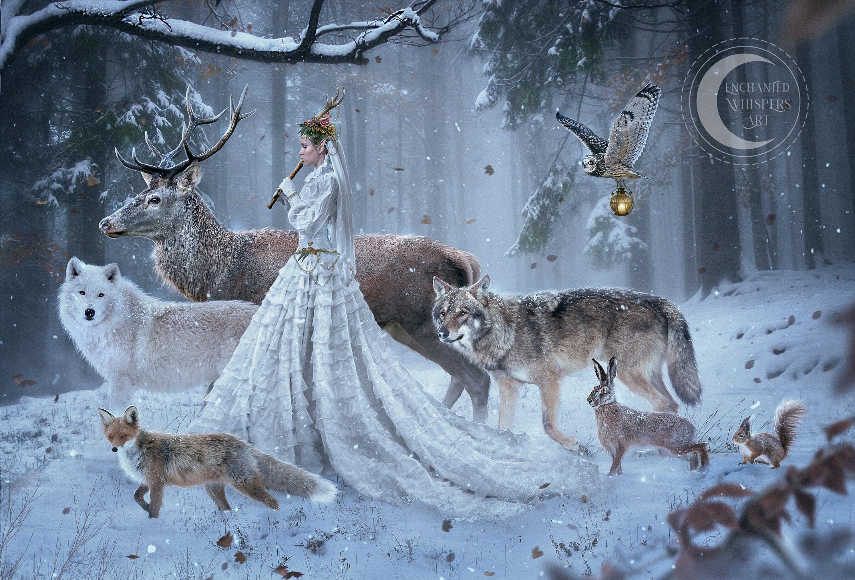 Winter Solstice Art Print: Pagan Yule Stag & Wolf Woodland Decor - Etsy