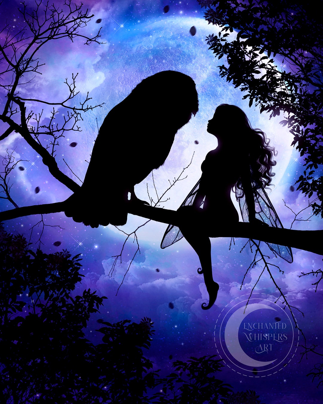 Fairy and Owl ART PRINT, Fantasy Fae Wall Art, Full Moon, Purple and ...