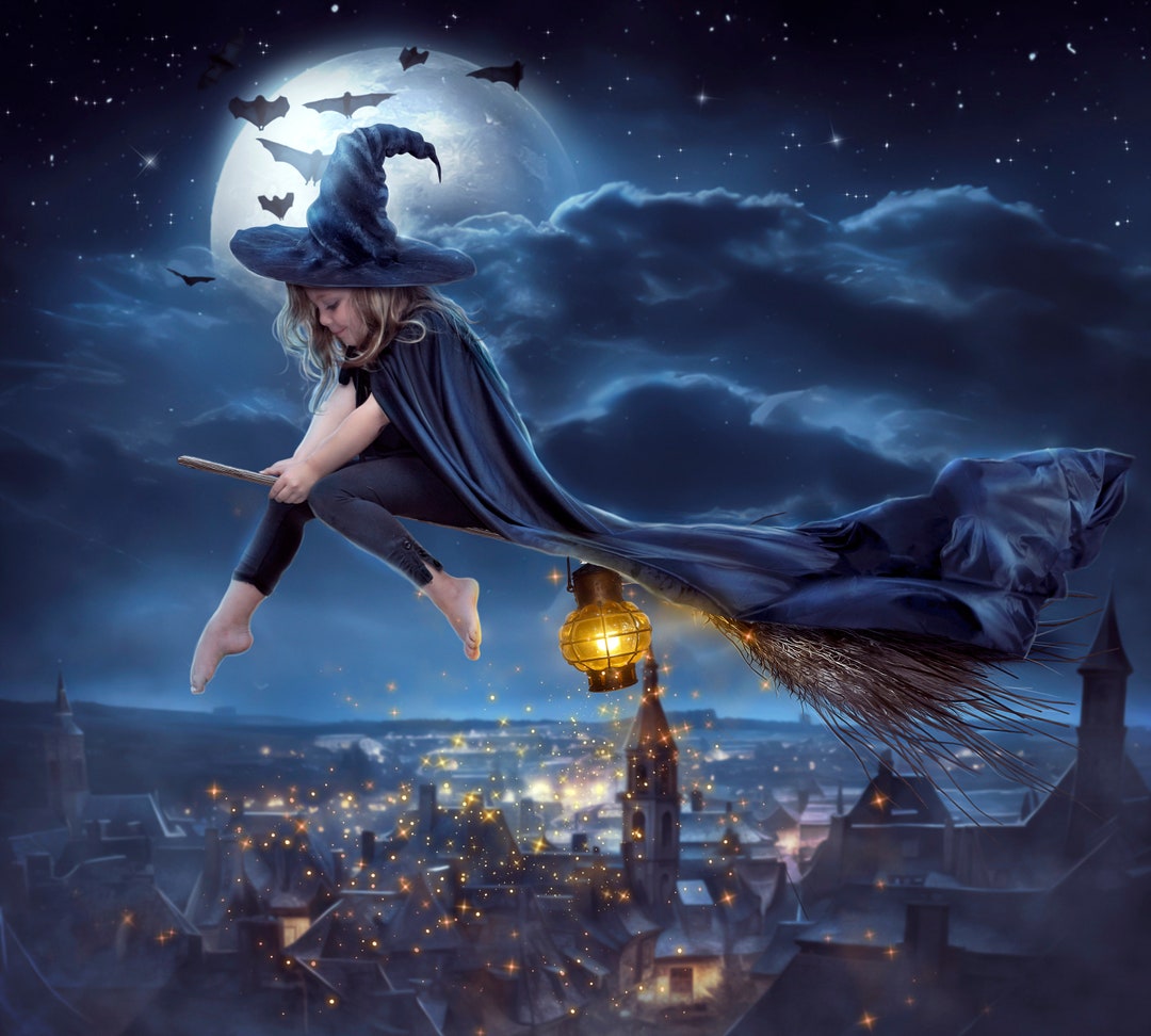 Halloween Witch Digital Backdrop Witch Broom Night Moon Premade Photo ...