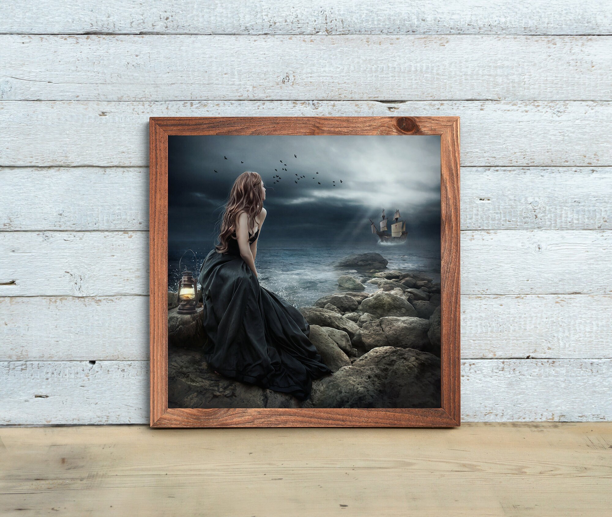 Fantasy Ocean Art Print – Woman & Ship Illustration, Romantic Nautical ...