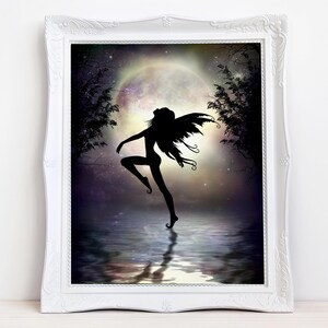Fae Silhouette PRINT, Full Moon Fairy Art, Celestial Mystical Fantasy Illustration, Cute Pixie ...