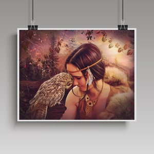Spirit Animal Owl PRINT, Woman With Owl Wall Décor, Fantasy Friendship ...