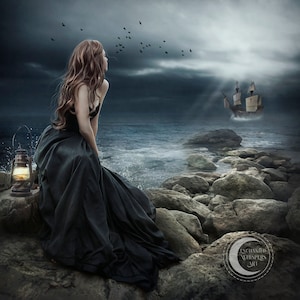 Woman and Ocean ART PRINT, Nautical Ship Poster, Fantasy Illustration ...
