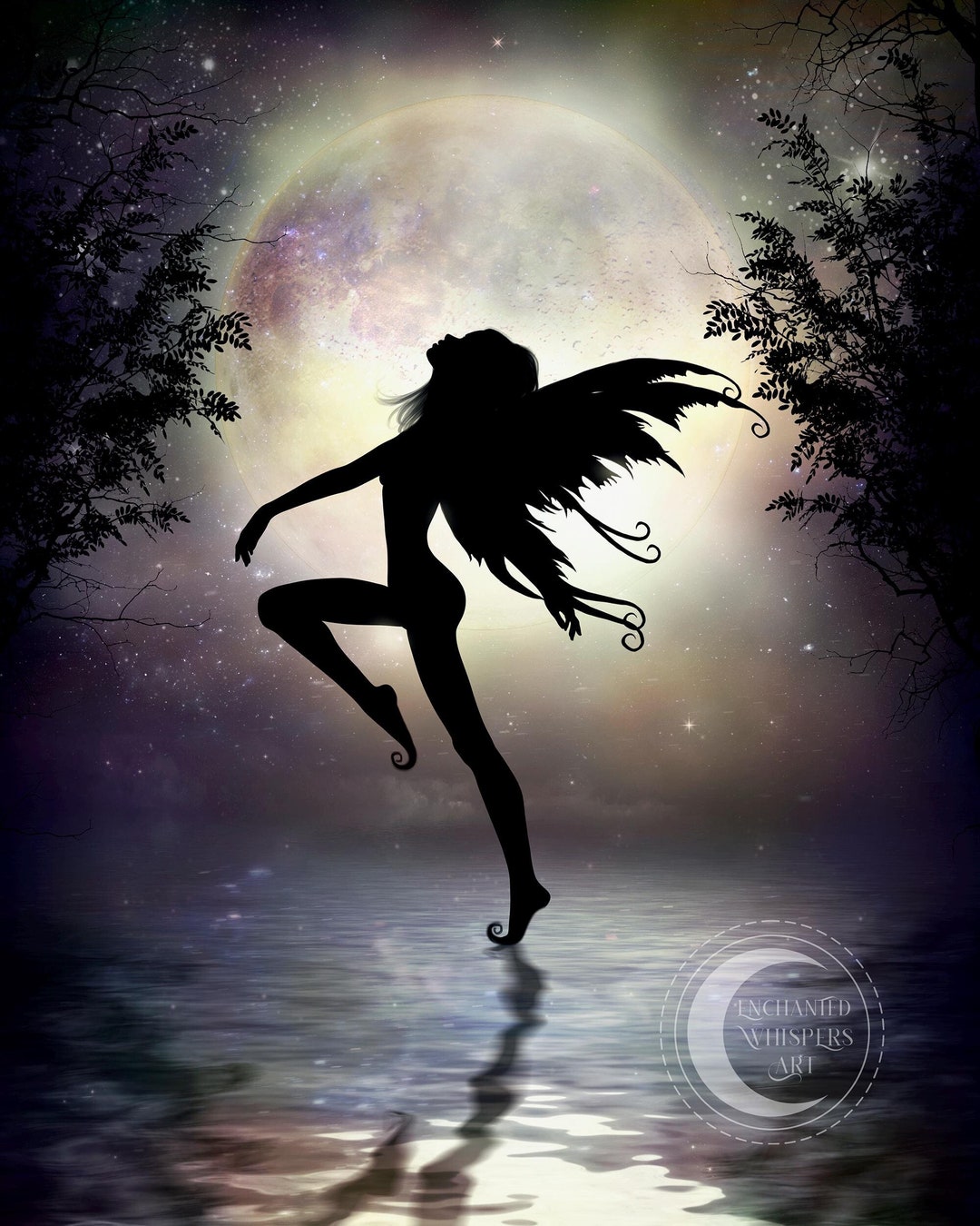 Fae Silhouette PRINT, Full Moon Fairy Art, Celestial Mystical Fantasy ...
