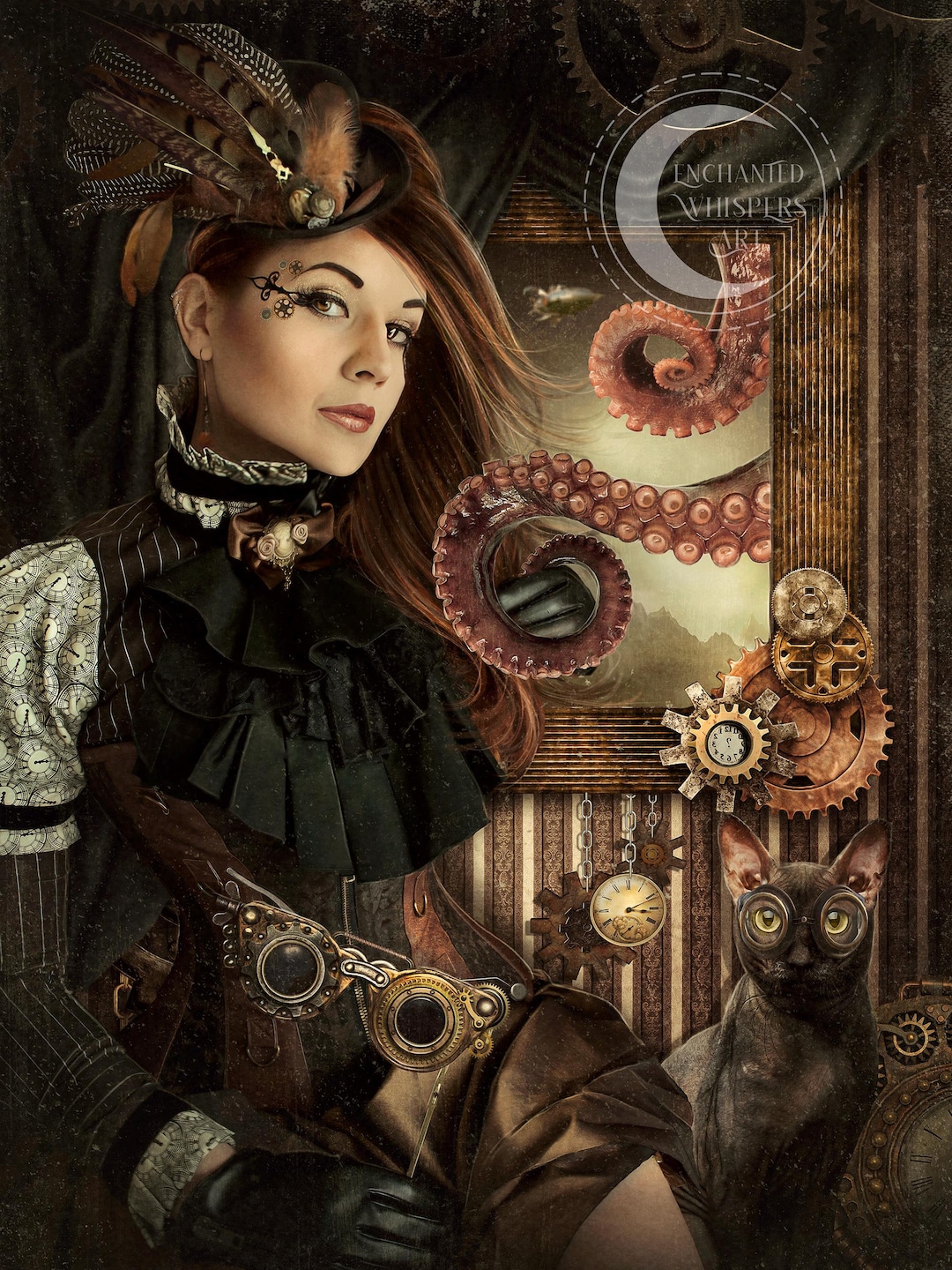 Steampunk Woman With Sphynx Cat Art Print- Octopus Airship Fantasy - Etsy
