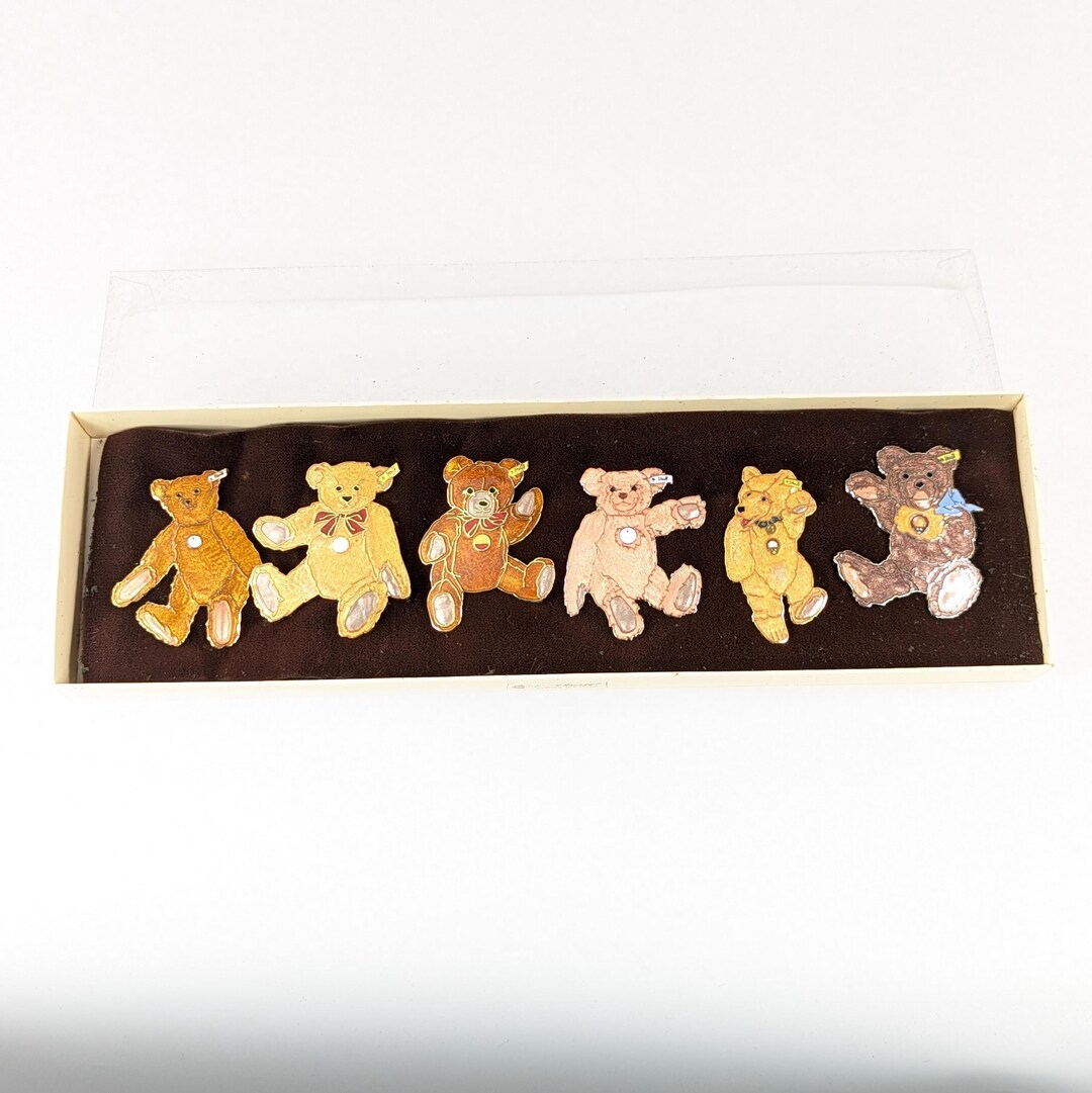 Steiff Teddy Pin Set Original Box 6 Glazed Enamel Bears 2 Inches Each ...