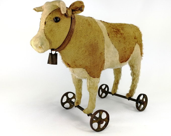 Antique Steiff Ox Cow on Wheels Button Wooden Eyes 11 Inches 1909 to ...