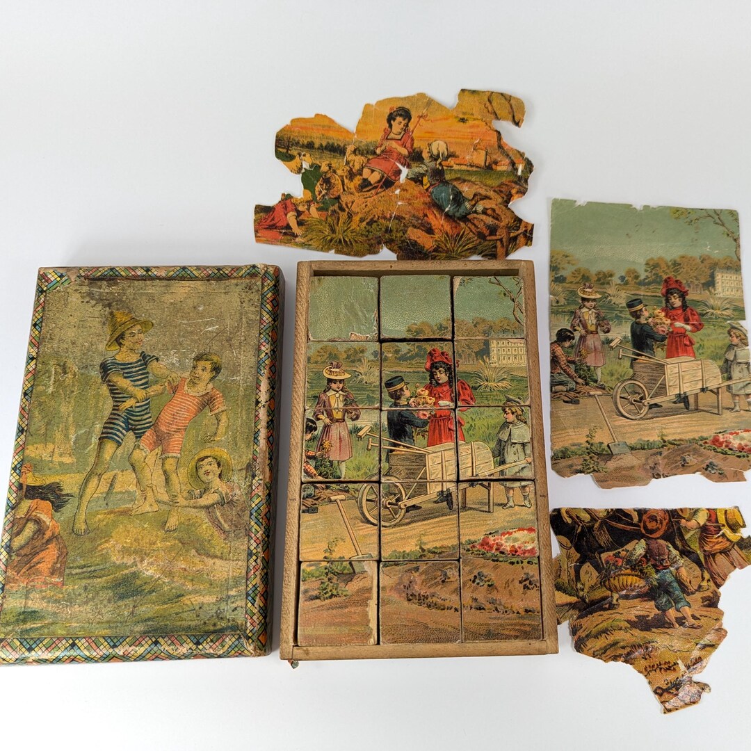 French Antique 1800s Wooden Lithographed Picture Puzzle Blocks Full Set ...