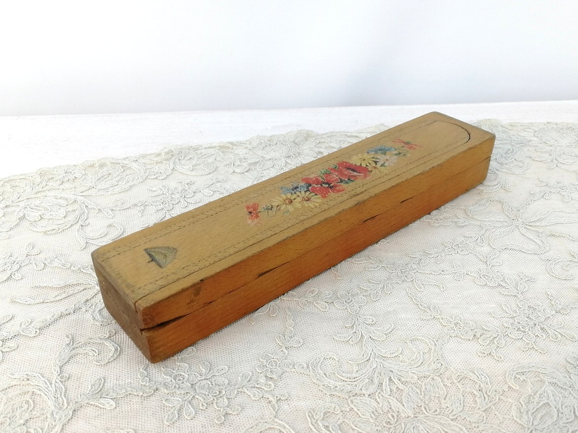 Wooden Pencil Box Two Layers Sliding Lid Flower Decal 1930s - Etsy