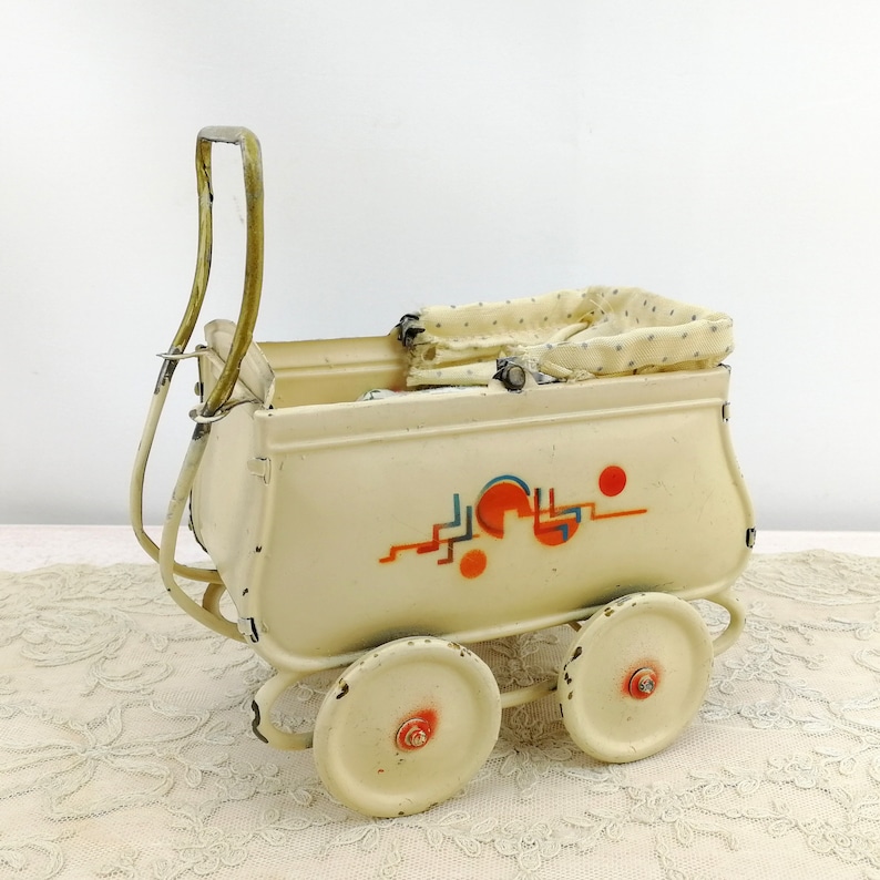Art Deco Tin Doll Stroller Pram Baby Buggy 1920s German Made 5 Inches ...