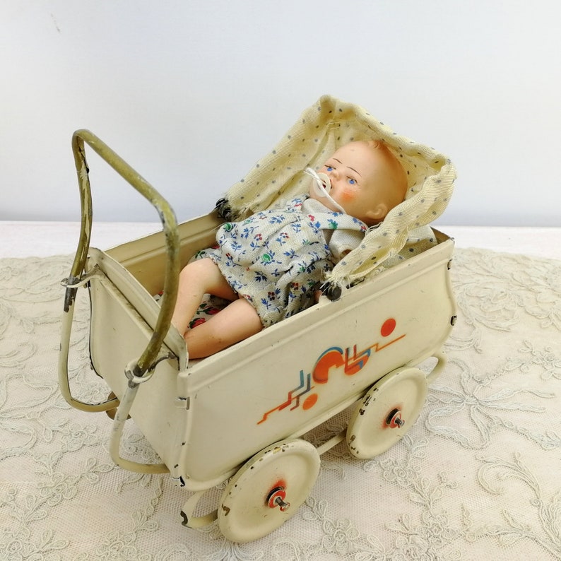 Art Deco Tin Doll Stroller Pram Baby Buggy 1920s German Made 5 Inches ...