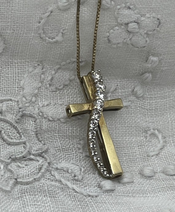 14K Yellow Gold Cross w Diamonds Pendant & 14K YG Cha… - Gem