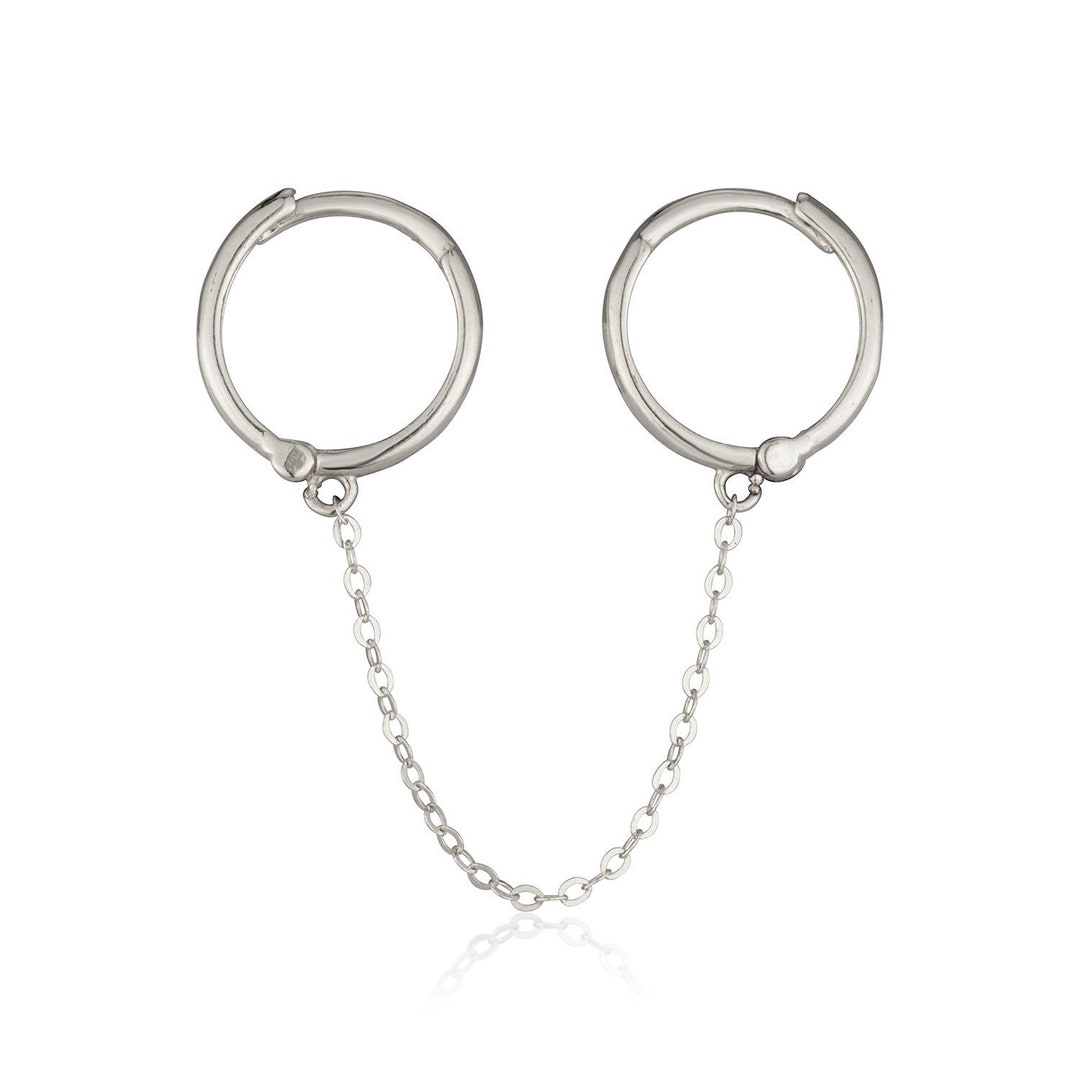 14kt Solid Gold 2 Hoops Connect With a Chain , Chain Connect to Hoop ...