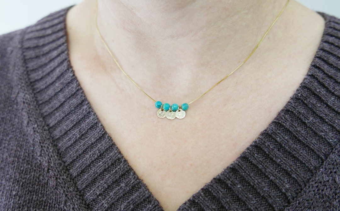 14k Gold Turquoise Necklace. 3 Initials Pendants . Letter Charm ...