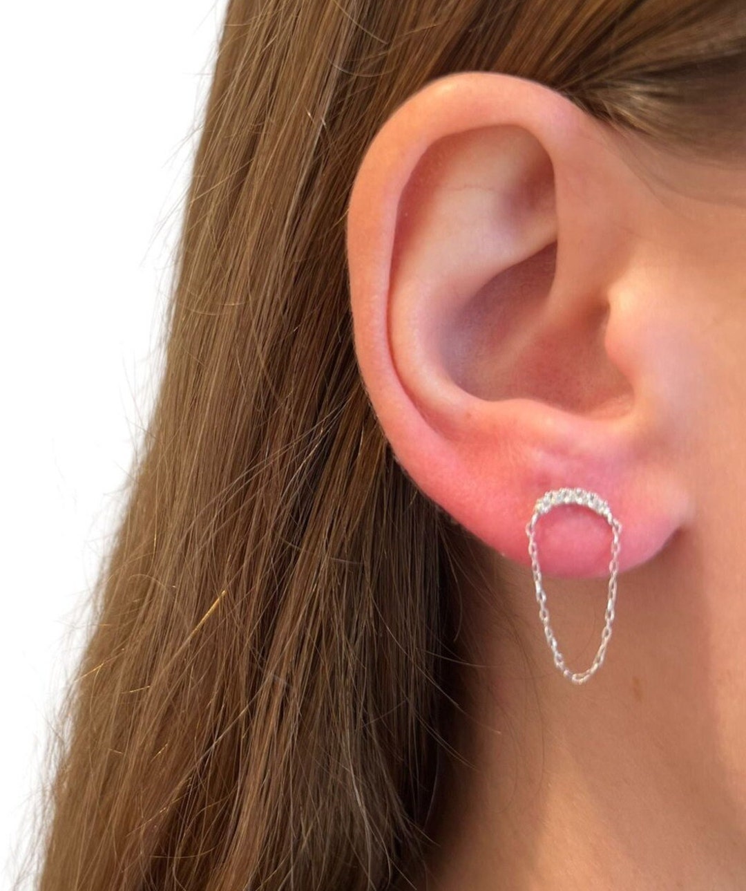 Moon 14kt Solid Gold Stads and Drape Chain Stud Earrings,long Chain ...