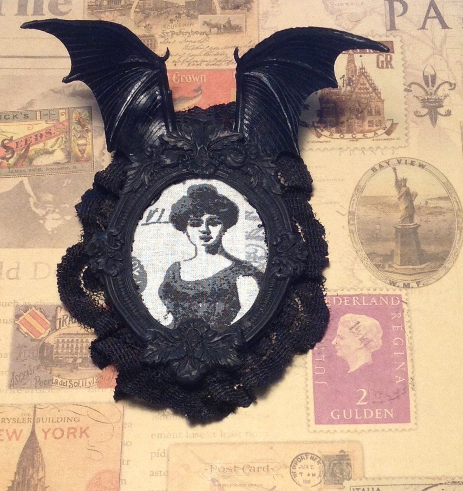 Victorian Goth Brooch With Bat Wings, Tim Burton Style, Addams Family ...