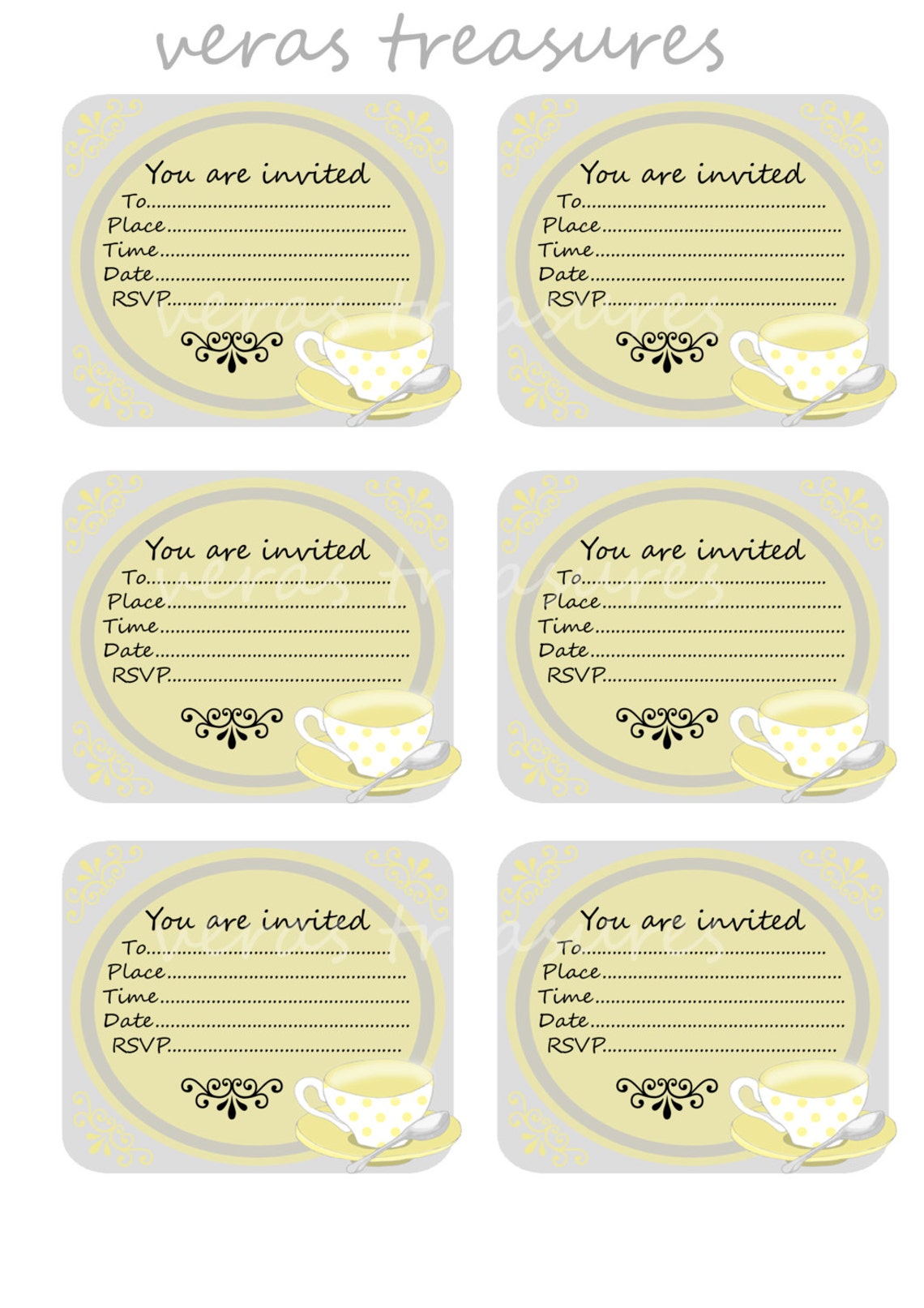Yellow Teacup Tea Party Invite. Digital Download Invitations - Etsy