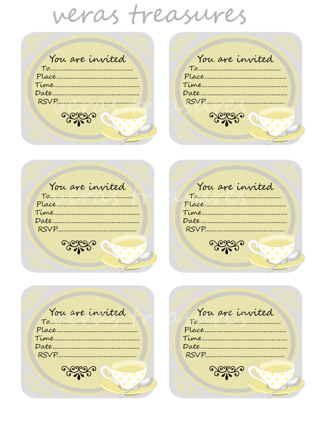 Yellow Teacup Tea Party Invite. Digital Download Invitations - Etsy