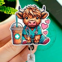 Highland Cow in Scrubs Retractable ID Badge Reel, Cute Cow With Coffee ...