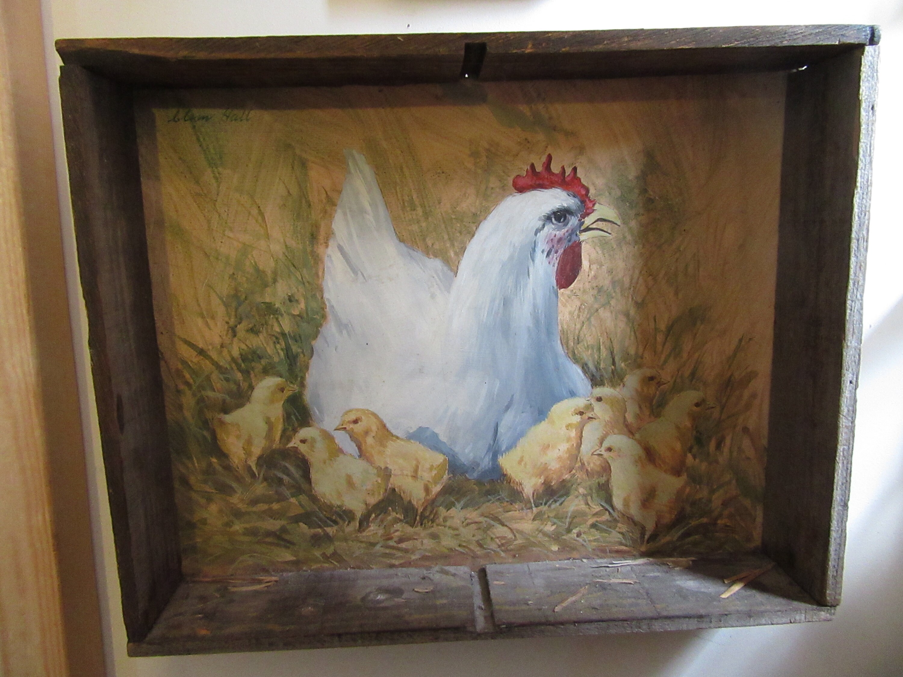 Barnyard Chicken & Chics Painting...signed Clem Hall...clement Arthur ...