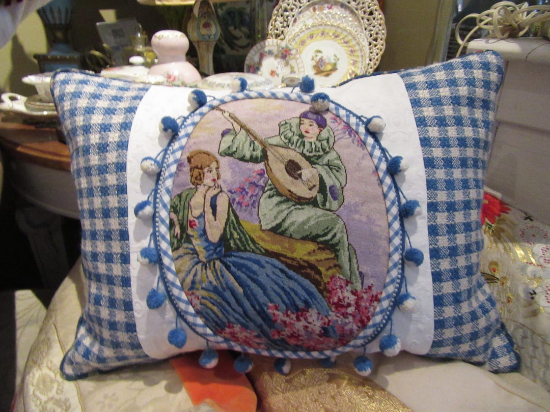 Antique Petit Point Pillow of a Lovely Lady and a Mandolin Player...12 ...