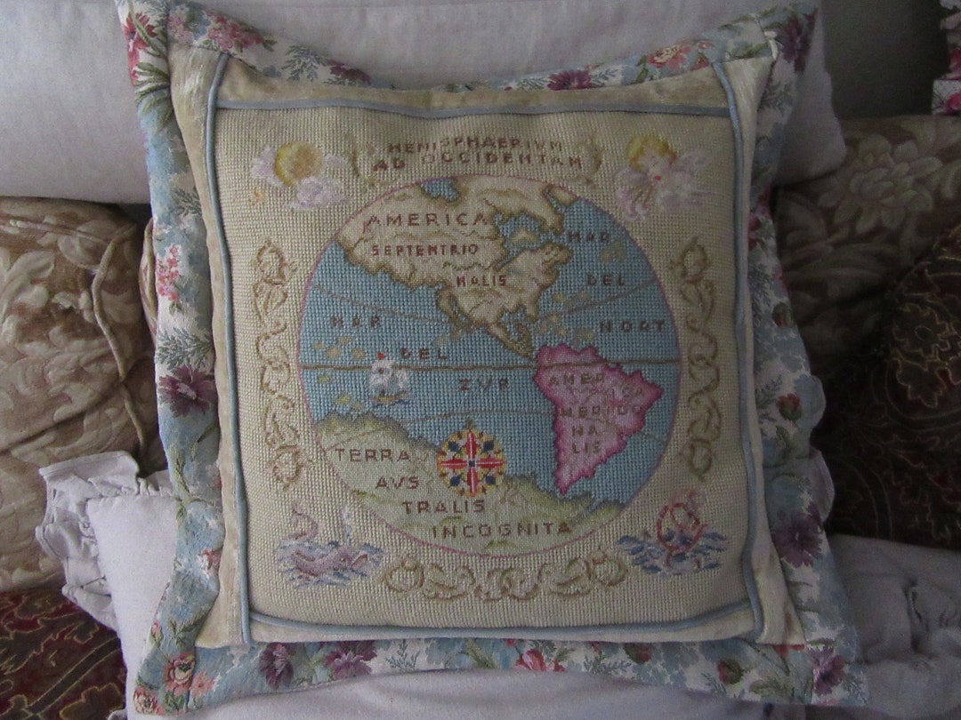 Antique Map Needlepoint/petit Point Pillow of the Western Hemisphere ...