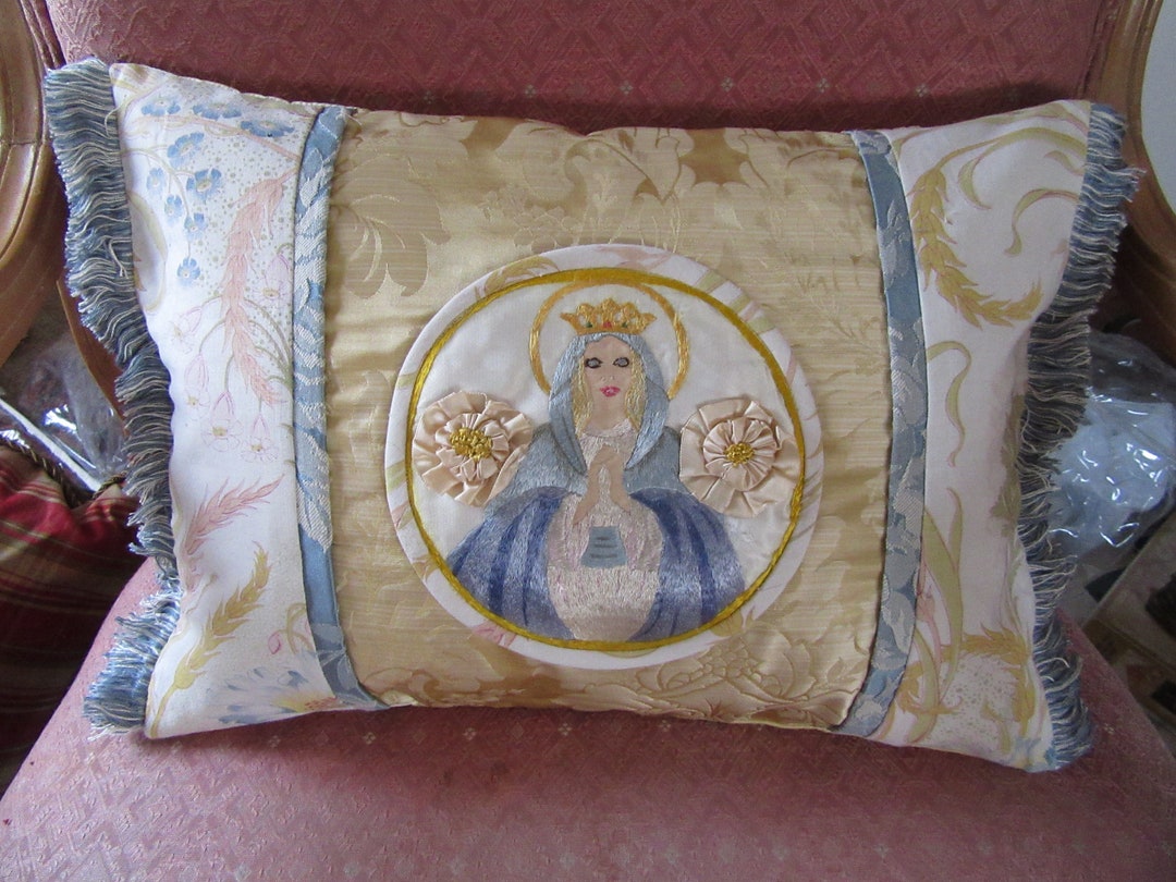 Antique Religious Silk Embroidered Pillow.. Madonna, With Antique ...