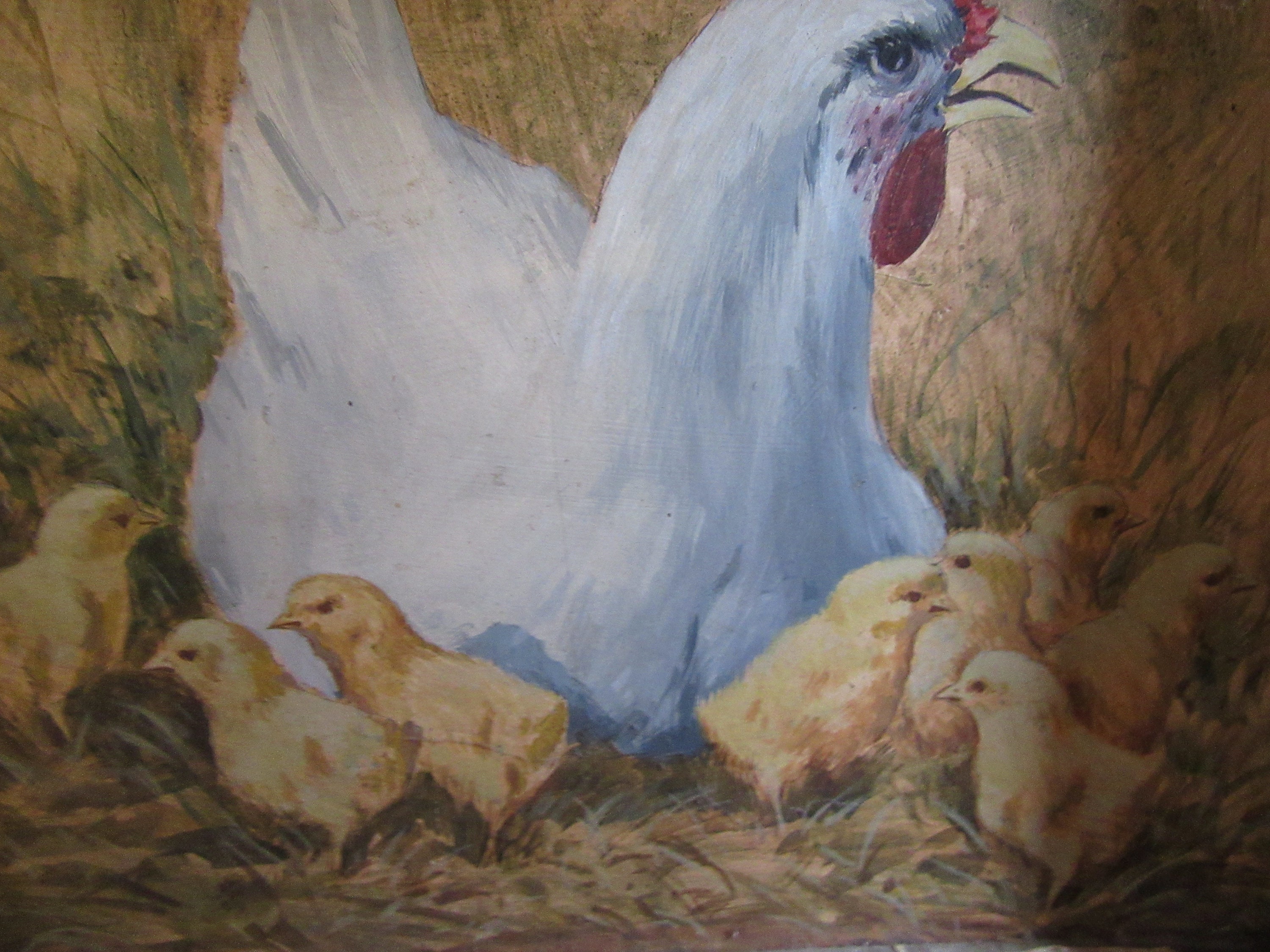 Barnyard Chicken & Chics Painting...signed Clem Hall...clement Arthur ...