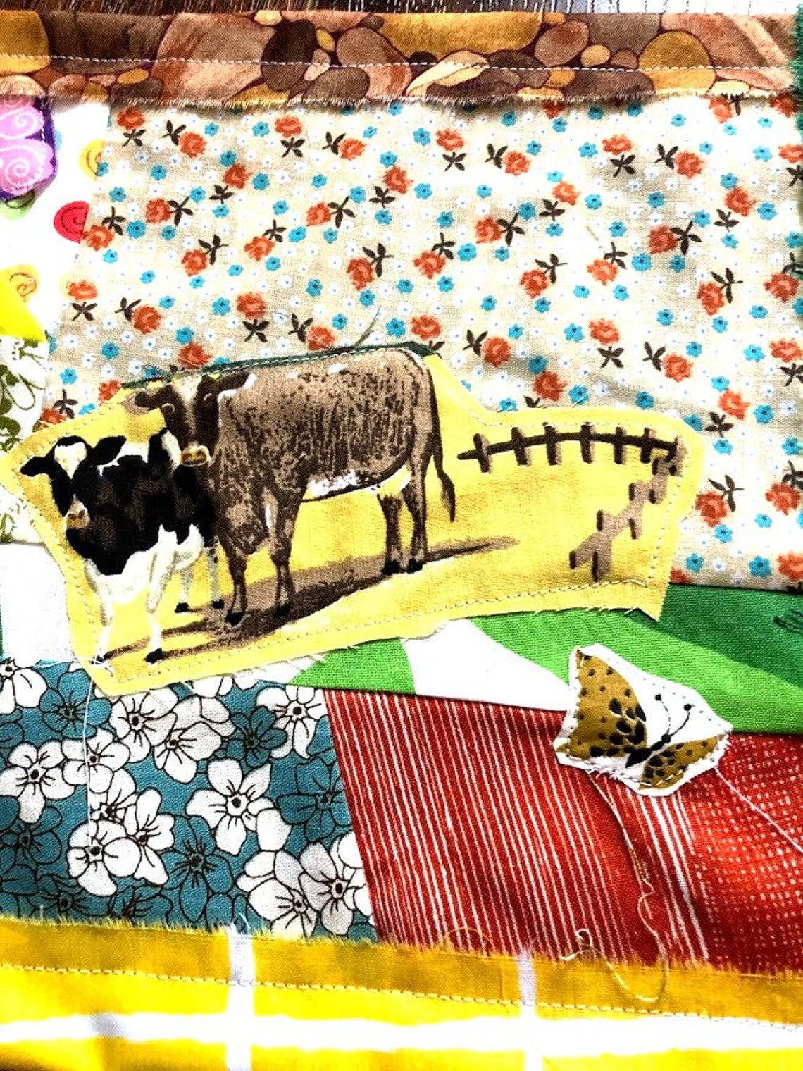 Cow in Farm. Patchwork Mat. Mini Art. Fabric Art. Handmade Art ...