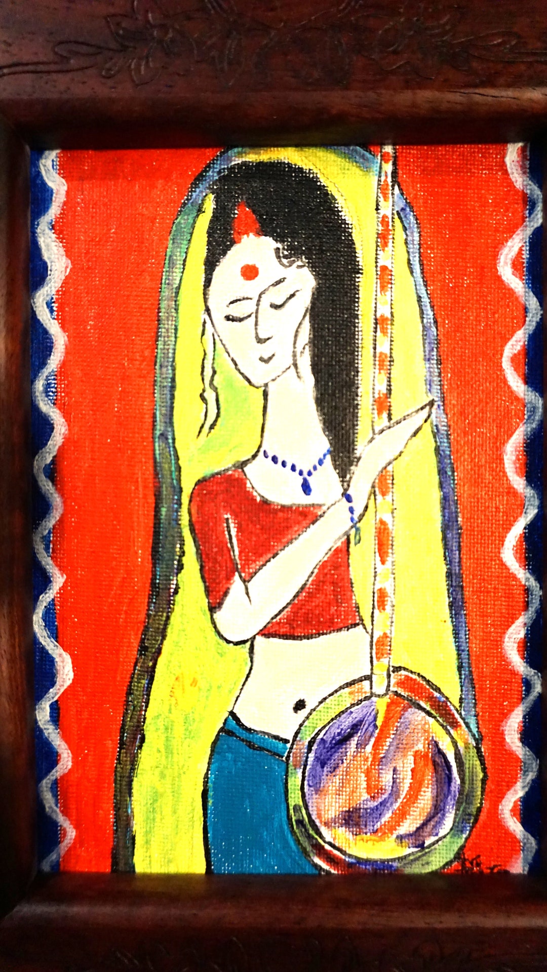 Acrylic Painting of Indian Woman Playing Musical Instrument. Framed ...