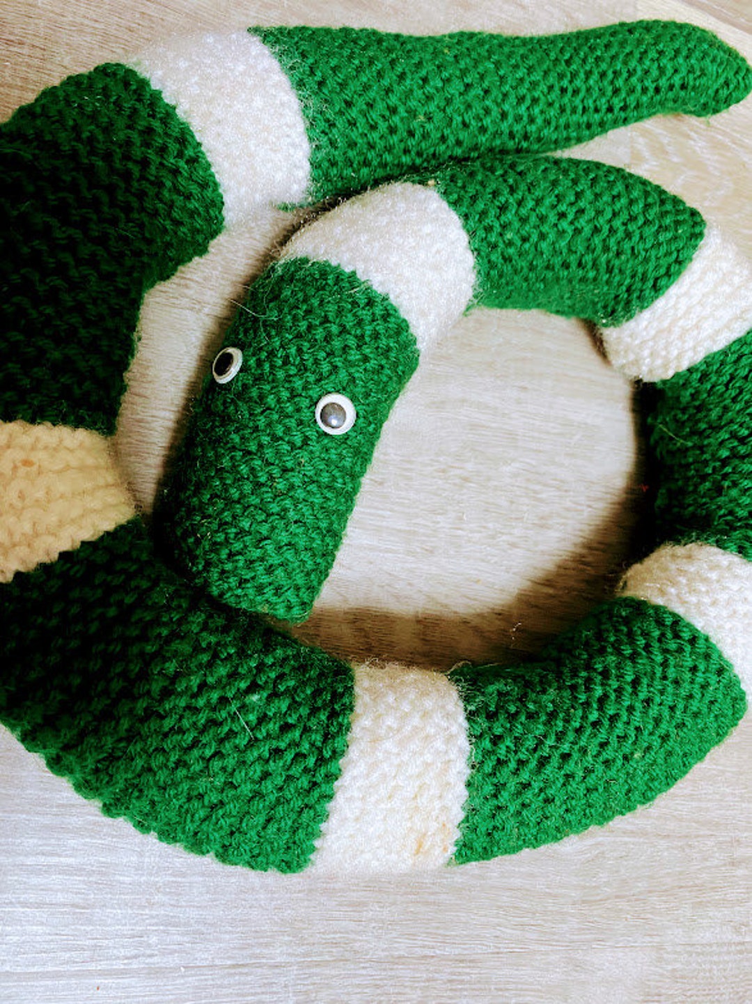 Handmade Crochet Stuffed Animal Snake. Green & Whit Snake. Stuffed ...