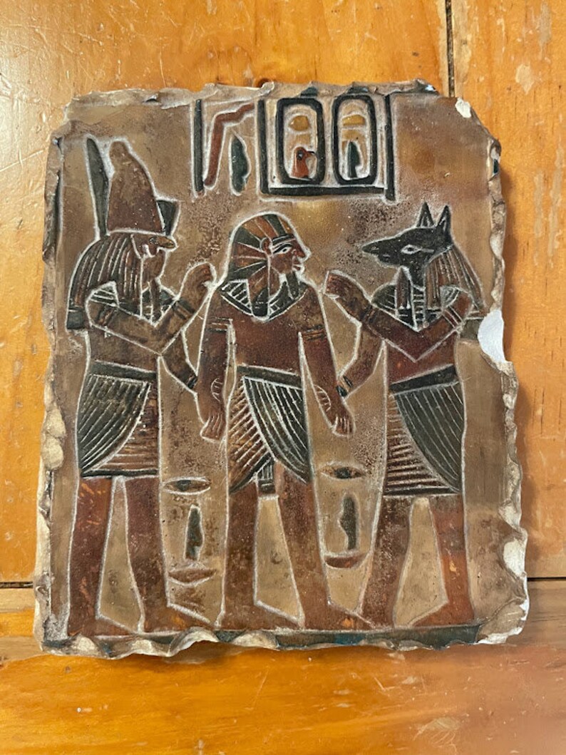 Slate Painted With Egyptian Bas-relief of Gods Preparing a Pharaoh for ...
