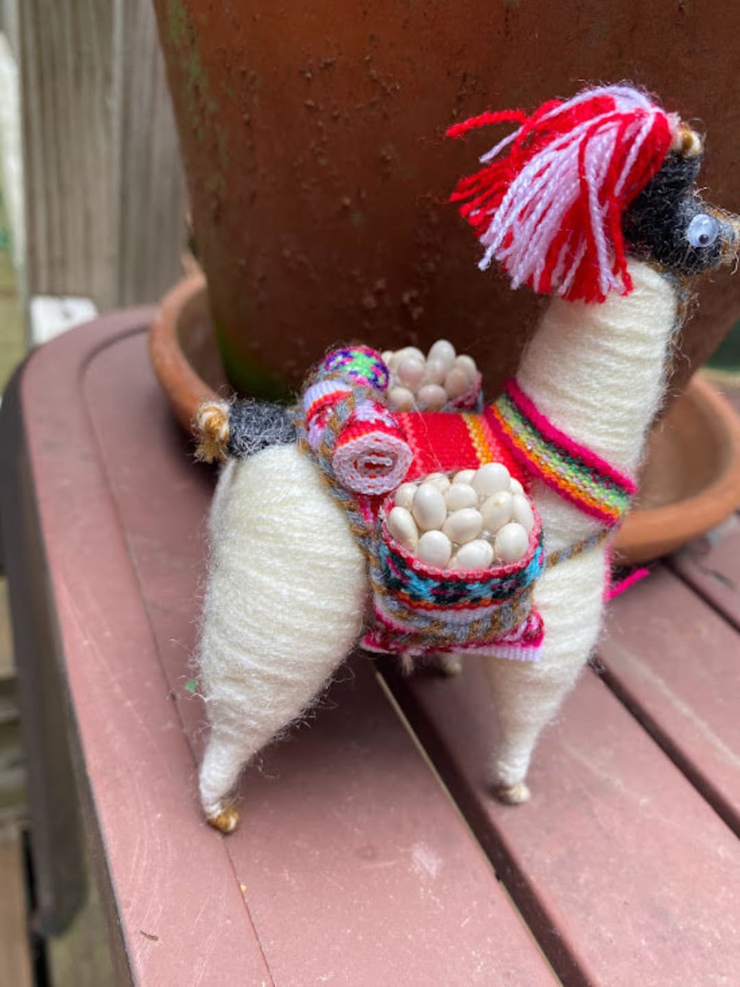 Llama With Fringed Peruvian Saddle and Beadwork. Peruvian Folk Art ...