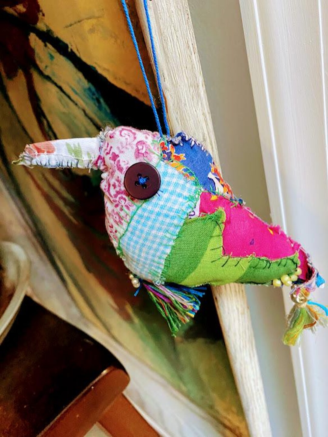 Handmade Fabric Blue Patchwork Bird With Vintage Buttons Eyes ...