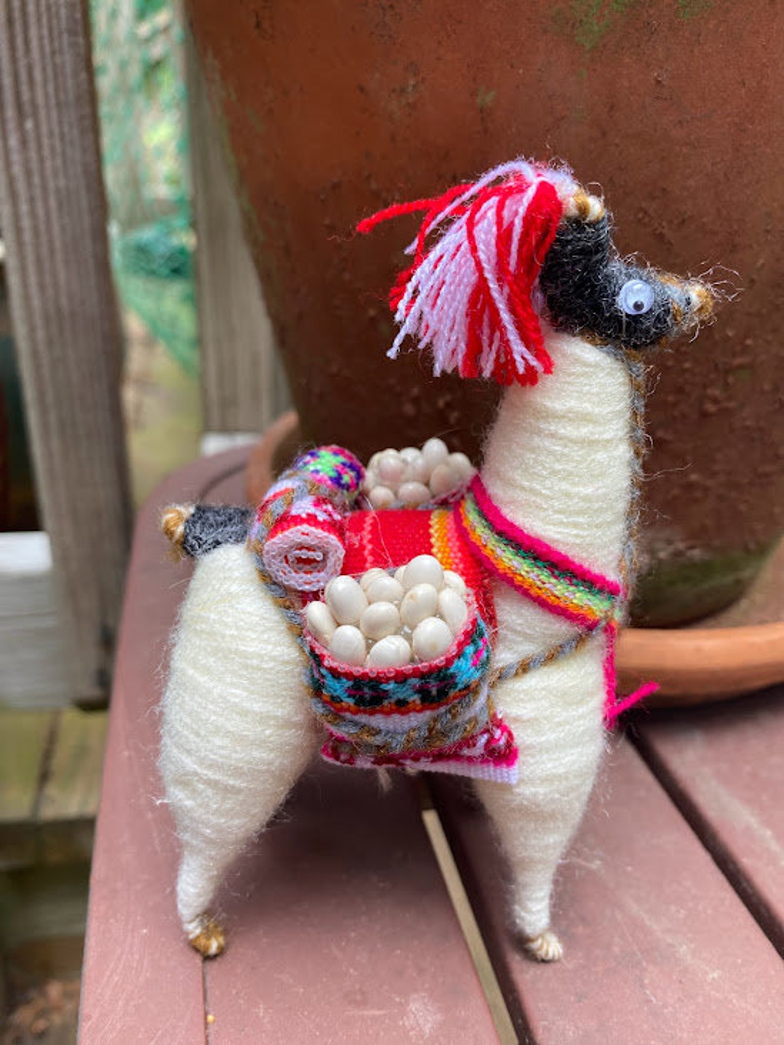 Llama With Fringed Peruvian Saddle and Beadwork. Peruvian Folk Art ...