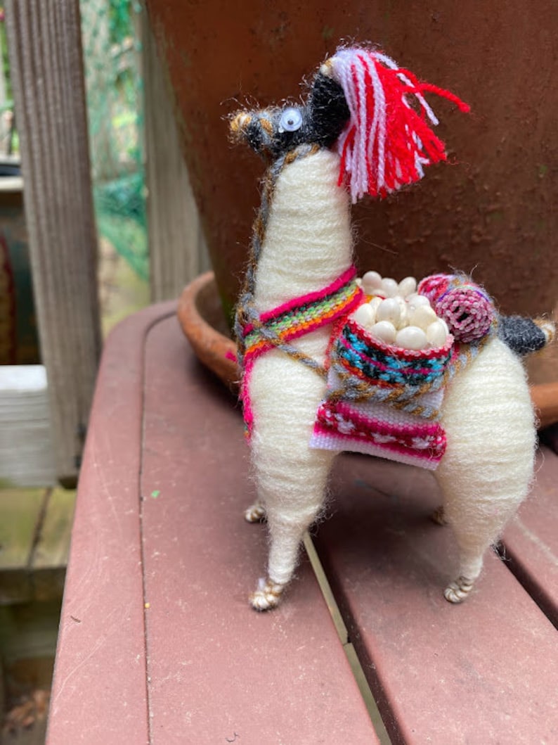 Llama With Fringed Peruvian Saddle and Beadwork. Peruvian Folk Art ...