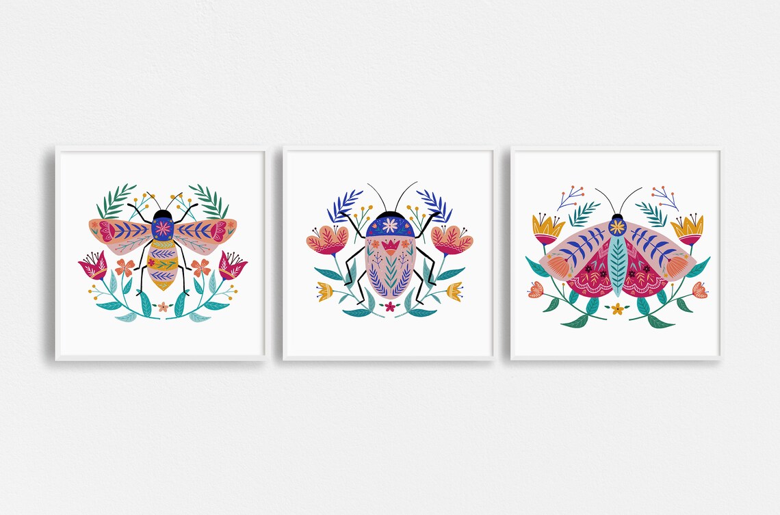 Insect Folk Art Set of 3 Botanical Illustration Wall Art - Etsy