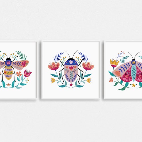 Insect Folk Art Set of 3 Botanical Illustration Wall Art - Etsy