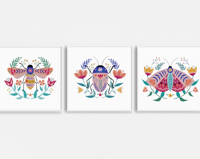Insect Folk Art Set of 3 Botanical Illustration Wall Art Colorful Bee ...