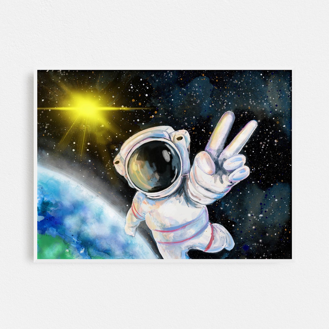 Peace Sign Astronaut in Space Art Print | Space Nursery | NASA Funny ...