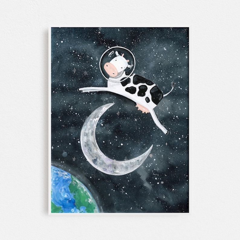 Cow Astronaut in Space Art Print Cow Jumps Over the Moon - Etsy