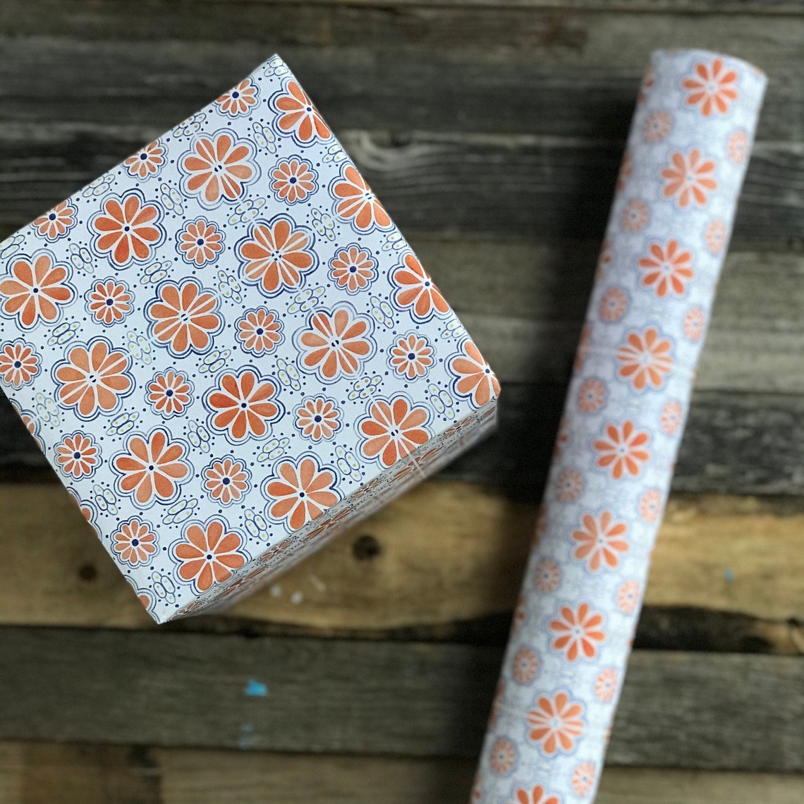 Watercolor Tile Gift Wrap Sheets Floral Orange Tile Wrapping - Etsy